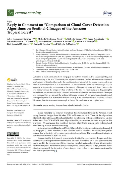 Pdf Reply To Comment On Comparison Of Cloud Cover Detection