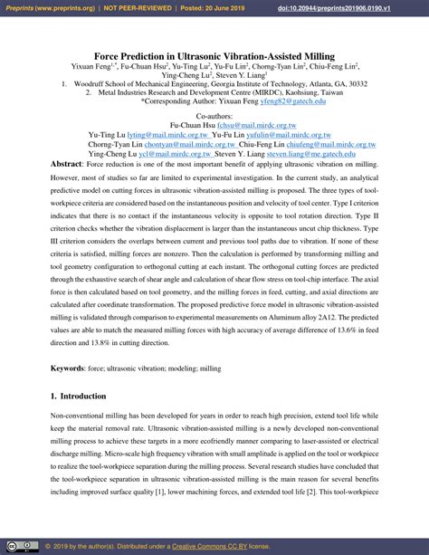Pdf Force Prediction In Ultrasonic Vibration Assisted Milling