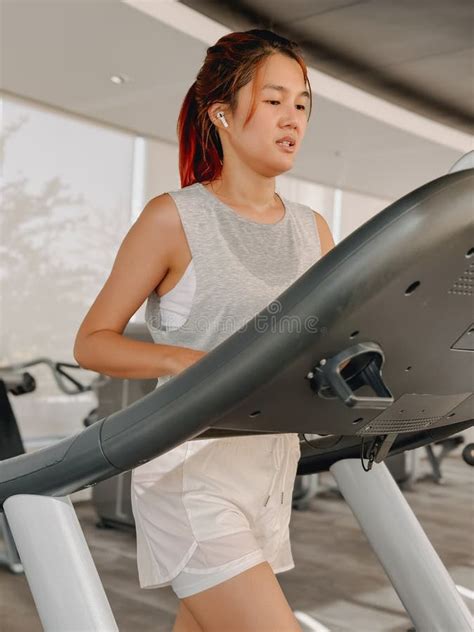 Portrait Of Woman Walking On The Treadmill In The Gym Stock Image Image Of Sweat Indoor