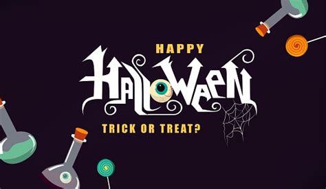 사탕과 거미와 해피 할로윈 손 문자 텍스트 인사말 카드 할로윈 파티 초대장 배너 엽서 포스터 템플릿에 적합합니다 10월에 대한 스톡 벡터 아트 및 기타 이미지 Istock