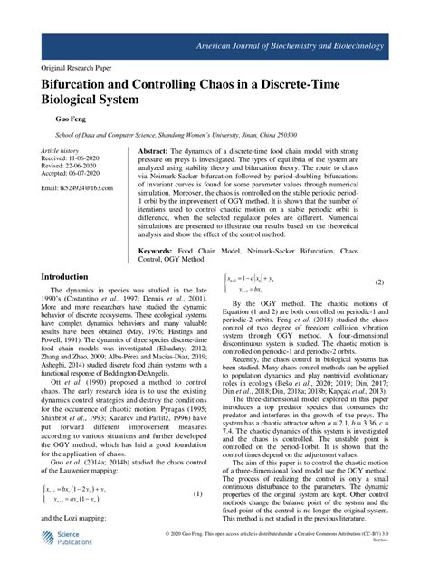Pdf Bifurcation And Controlling Chaos In A Discrete Time Biological