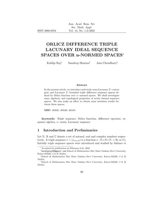 Pdf Orlicz Difference Triple Lacunary Ideal Sequence Spaces Over N Normed Spaces