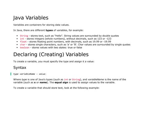 Java Notes Java Variables Variables Are Containers For Storing Data Values In Java There Are