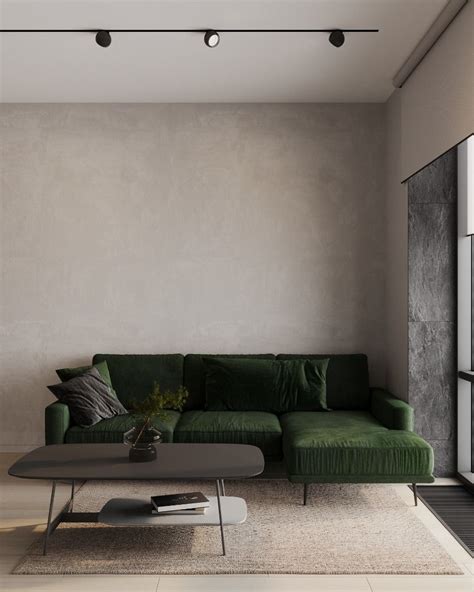 Оливковая гостиная с зеленым диваном