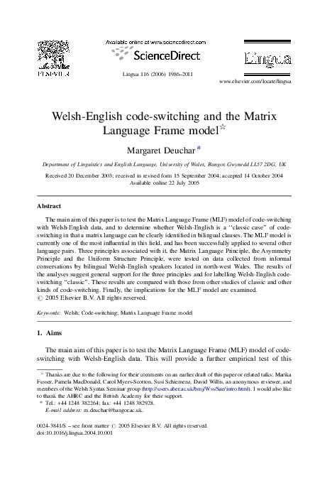 Pdf Welsh English Code Switching And The Matrix Language Frame Model