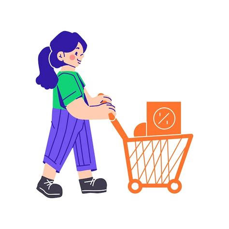 Premium Vector Woman Pulling A Grocery Cart
