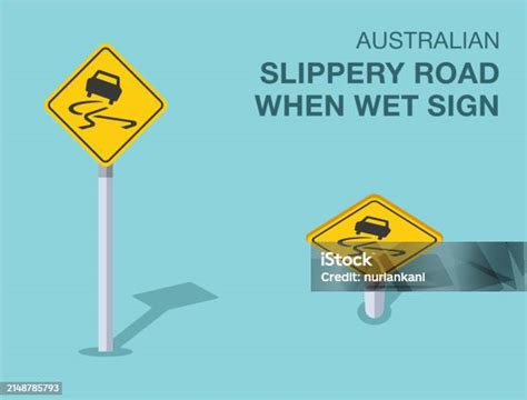 교통 규제 규칙 호주의 외딴 젖었을 때 미끄러운 도로 도로 표지판 전면 및 상단 뷰 벡터 일러스트 레이 션 템플릿 거리에 대한 스톡 벡터 아트 및 기타 이미지 Istock