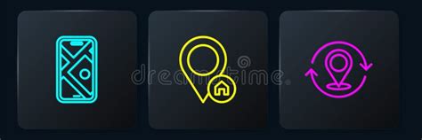 Set Line City Map Navigation Map Pin And Location With House Black Square Button Vector Stock