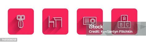 Set Line Scissors School Table And Chair Certificate Template And Abc Blocks With Long Shadow