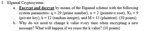 Solved Elgamal Cryptosystem A Encrypt And Decrypt By Means