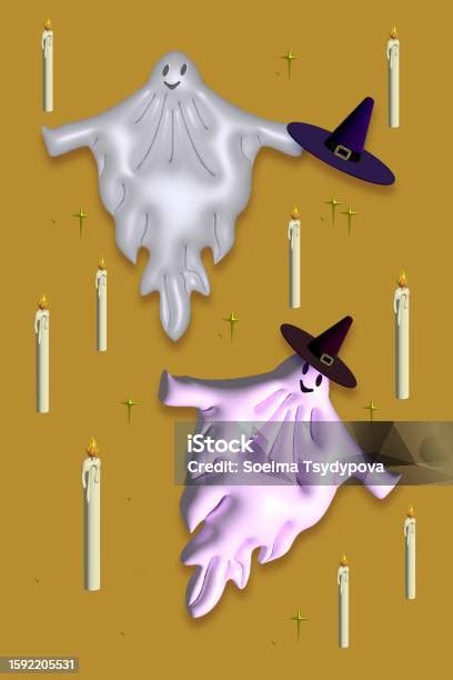 마법사 모자를 쓴 두 유령의 3d 그림 촛불이 있는 Jrange 배경에 재미있는 괴물 할로윈 인사말 카드 또는 다양한 제품을 장식하기위한 디자인 10월에 대한 스톡 사진 및