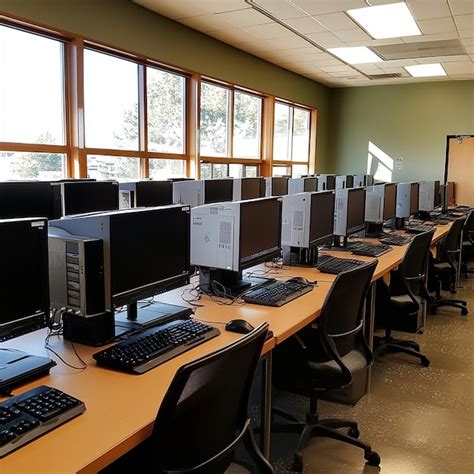 a computer lab with a computer monitor and keyboard on a desk premium