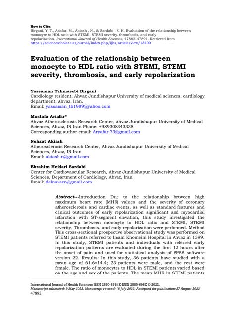 Pdf Evaluation Of The Relationship Between Monocyte To Hdl Ratio With Stemi Stemi Severity
