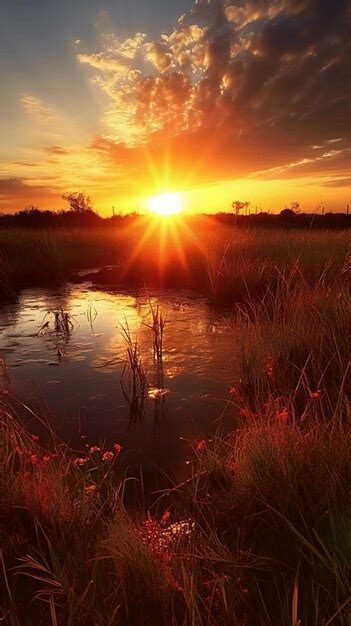 Pôr Do Sol Sobre Um Pequeno Rio Com Grama E Juncos Em Primeiro Plano Foto Premium