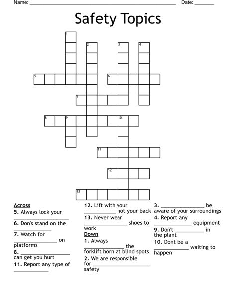 Safety Topics Crossword Wordmint