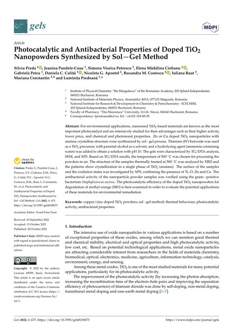 Pdf Photocatalytic And Antibacterial Properties Of Doped Tio2 Nanopowders Synthesized By Sol−