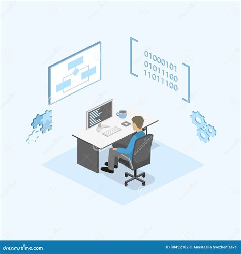 Flat 3d Isometric Concept Illustration Of Office Software Developer And Teamwork Stock