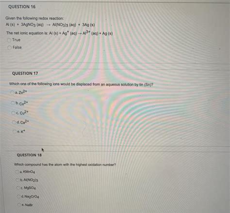 solved question 16 given the following redox reaction al s