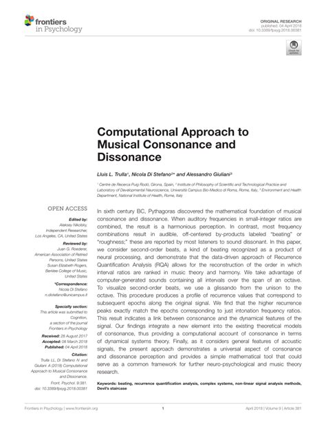 Pdf Computational Approach To Musical Consonance And Dissonance