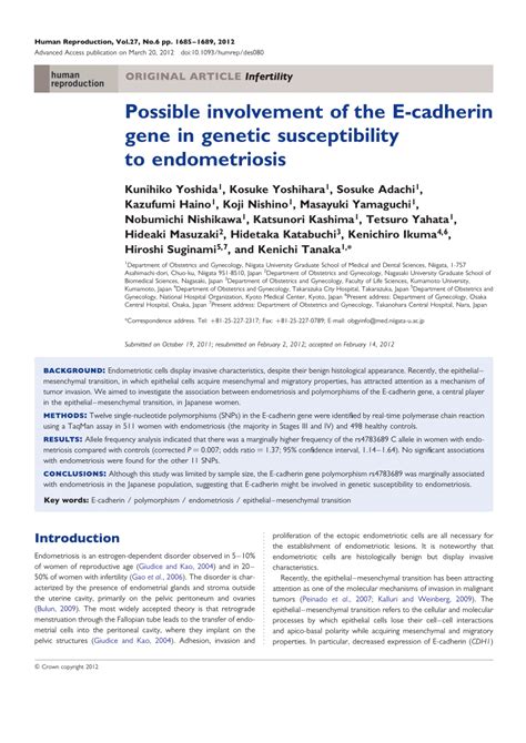 Pdf Possible Involvement Of The E Cadherin Gene In Genetic Susceptibility To Endometriosis