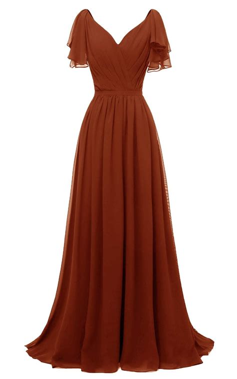 Yexinbridal Ruffle Sleeves Bridesmaid Dress V Neck Chiffon Long Fomal Orange Bridesmaid