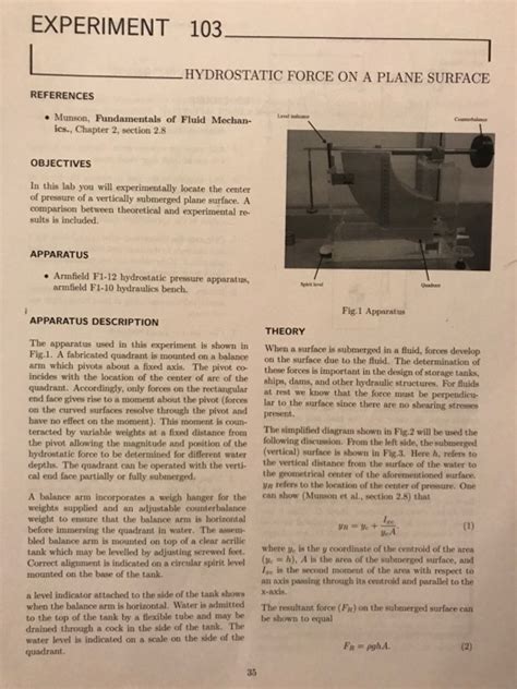 Solved EXPERIMENT HYDROSTATIC FORCE ON A PLANE SURFACE Chegg