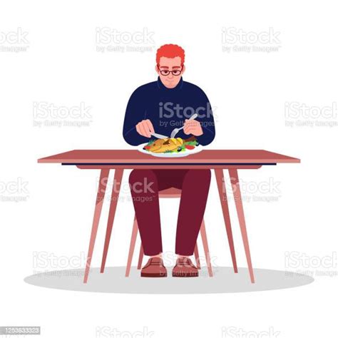 해산물 세미 플랫 Rgb 컬러 벡터 일러스트를 즐기는 젊은 남자 미식 레스토랑에서 저녁 식사 빨간 머리 백인 남자 먹는 물고기