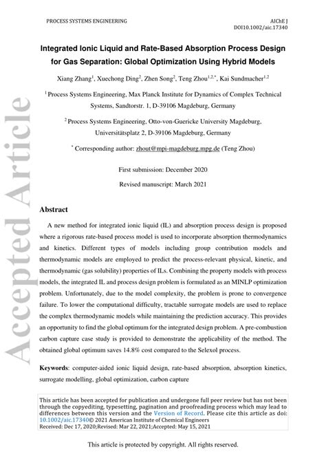 Pdf Integrated Ionic Liquid And Rate‐based Absorption Process Design For Gas Separation