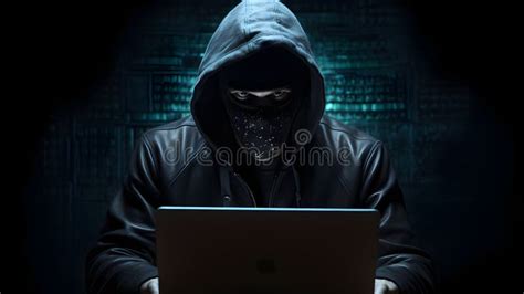 Hacker Man With His Laptop About To Hack And Commit A Cyber Crime