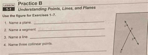 LESSON Practice B Understanding Points Lines And Planes Use The Figure For Exercis Algebra