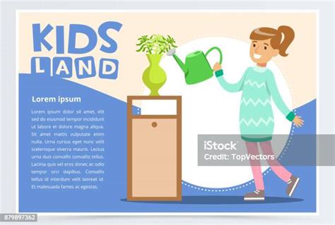 귀여운 십 대 소녀 문자 급수 꽃병에 꽃입니다 꼬마는 청소 및 집안 정리를 하 고 도움입니다 평면 스타일 만화 벡터 일러스트 레이 션 귀여운에 대한 스톡 벡터 아트 및 기타