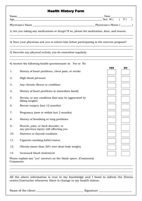 The Physical Activity Readiness Questionnaire Par Q Health History Form Health History