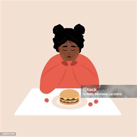 섭식 장애 슬픈 아프리카 여자는 햄버거를 보고 과체중에 대해 걱정한다 과식 폭식증 식욕 부진 음식 중독 개념입니다 평면 만화 스타일의 벡터 그림 개념에 대한 스톡 벡터 아트