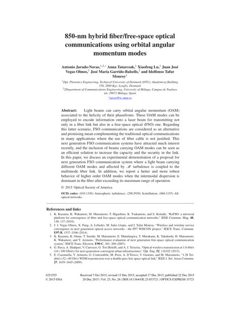 Pdf 850 Nm Hybrid Fiber Free Space Optical Communications Using