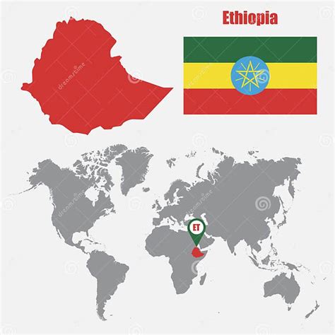 ethiopia map on a world map with flag and map pointer vector