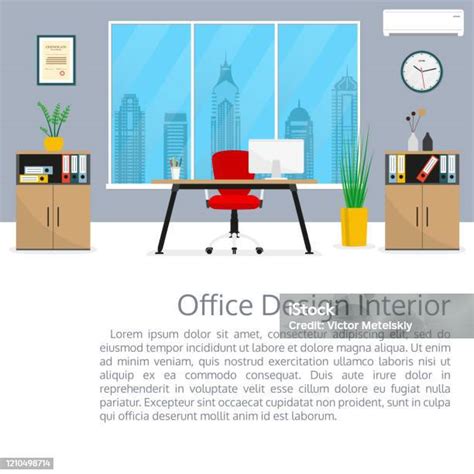 텍스트 공간이 있는 오피스 룸 내부 배너 책상 의자 컴퓨터 책장 벽에 사진 사무용 가구와 현대 비즈니스 작업 공간 벡터