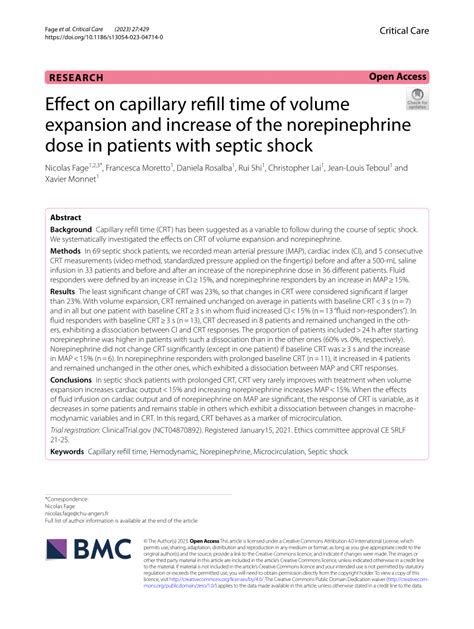 Pdf Effect On Capillary Refill Time Of Volume Expansion And Increase