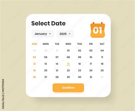 Date Picker Minimalist Calendar Popup Ui Template Design For Mobile And Web Interface Stock
