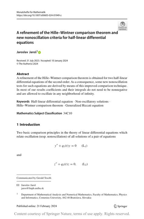 Pdf A Refinement Of The Hillewintner Comparison Theorem And New Nonoscillation Criteria For