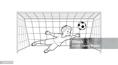 색칠 공부 젊은 축구 선수 골키퍼는 축구 골의 배경에 비행 축구 공을 잡는다 만화 스타일의 벡터 일러스트레이션 흑백 선 아트 개요 Championship에 대한 스톡 벡터