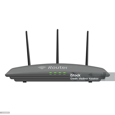 흰색에 고립 된 세 개의 안테나와 플랫 와이파이 라우터 회색 케이스에 녹색 다이오드 인터넷의 무선 배포를 위한 장치입니다 벡터 Eps 10 라우터에 대한 스톡 벡터 아트 및