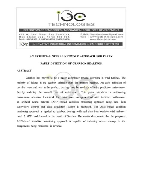 An Artificial Neural Network Approach For Early Fault Detection Of Gearbox Bearings Pdf