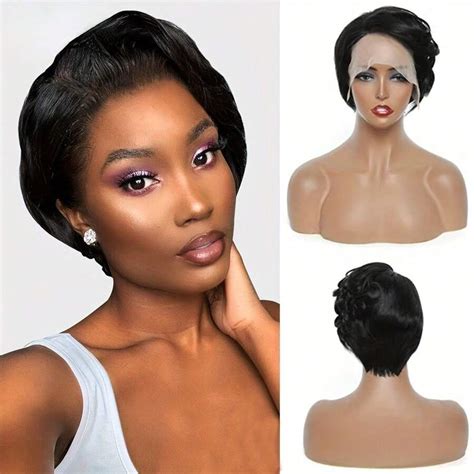 Straight Pixie Cut With Bangs 13 X 4 X 1 T Part Lace Natural Black Wig