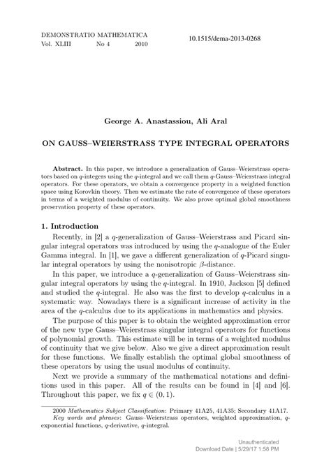 Pdf On Gauss Weierstrass Type Integral Operators