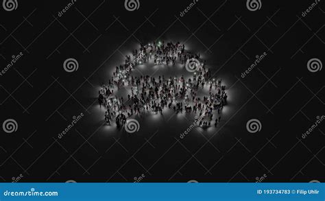 3d Rendering Of Crowd Of People With Flashlight In Shape Of Symbol Of Switch On Dark Background