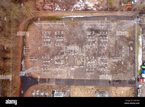 Drone Photography Of Electrical Sub Station In A City Plot During Spring Morning Directly Above