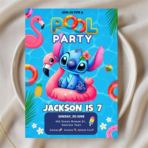 Stitch Pool Party Birthday Invitation Stitch Lilo Party Invite Cute Editable And Printable Canva