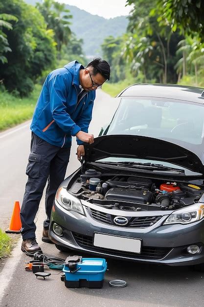 Man Trying To Fix Car Engine Problem On Local Road Premium Ai
