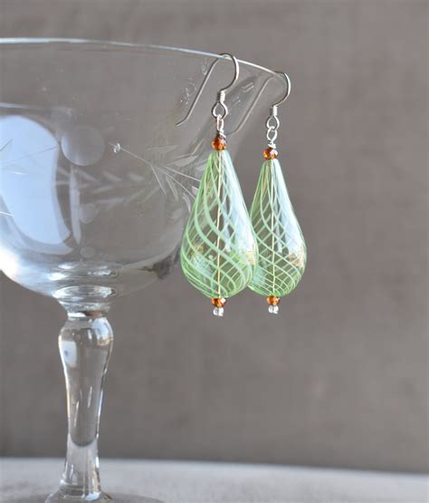 Blown Glass Earrings Hand Blown Teardrop Light Green Glass Earrings