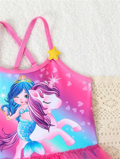 Shein Mermaid And Unicorn Printed One Piece Swimsuit With Mesh Skirt For